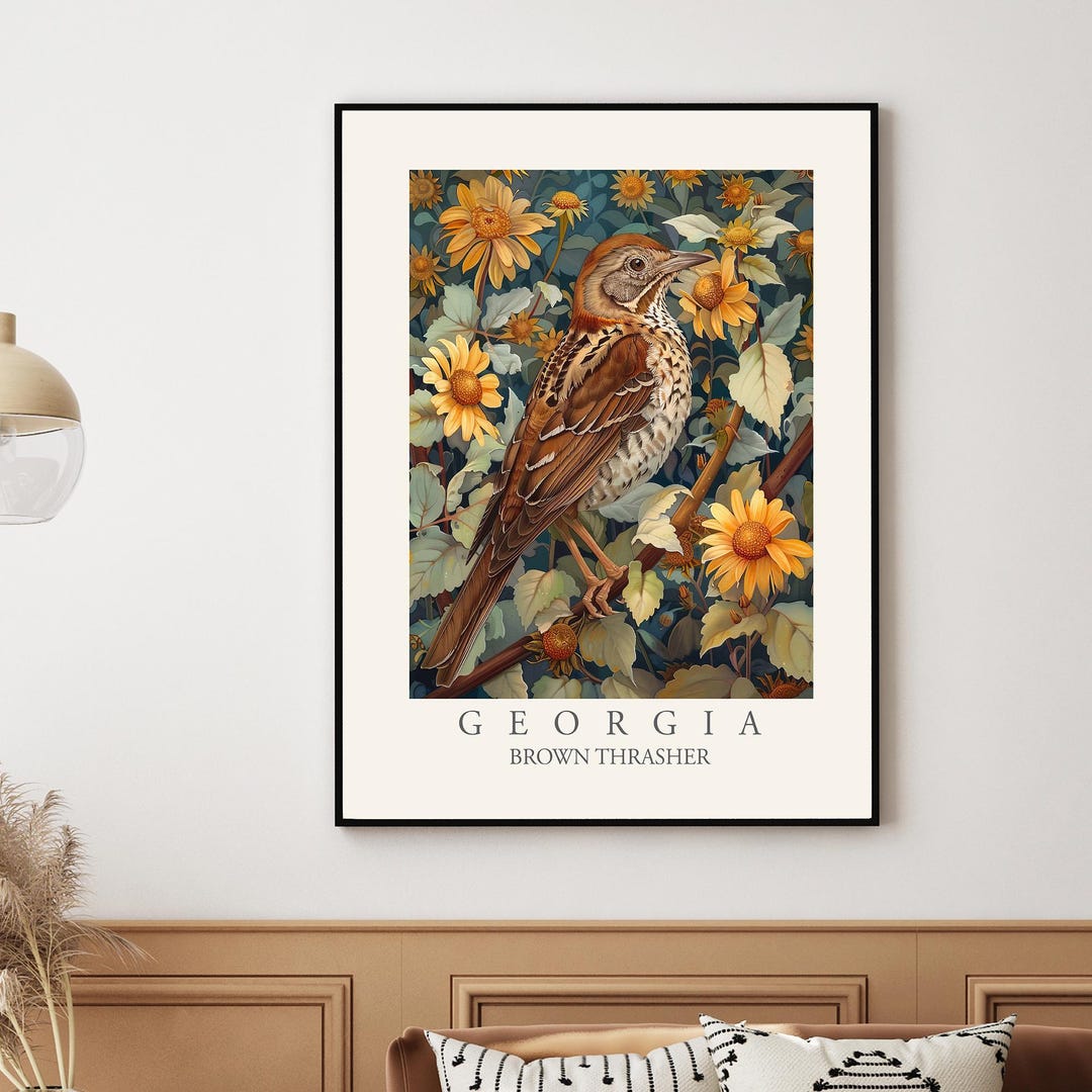 Brown Thrasher Georgia State Bird Print, William Morris Style Floral ...