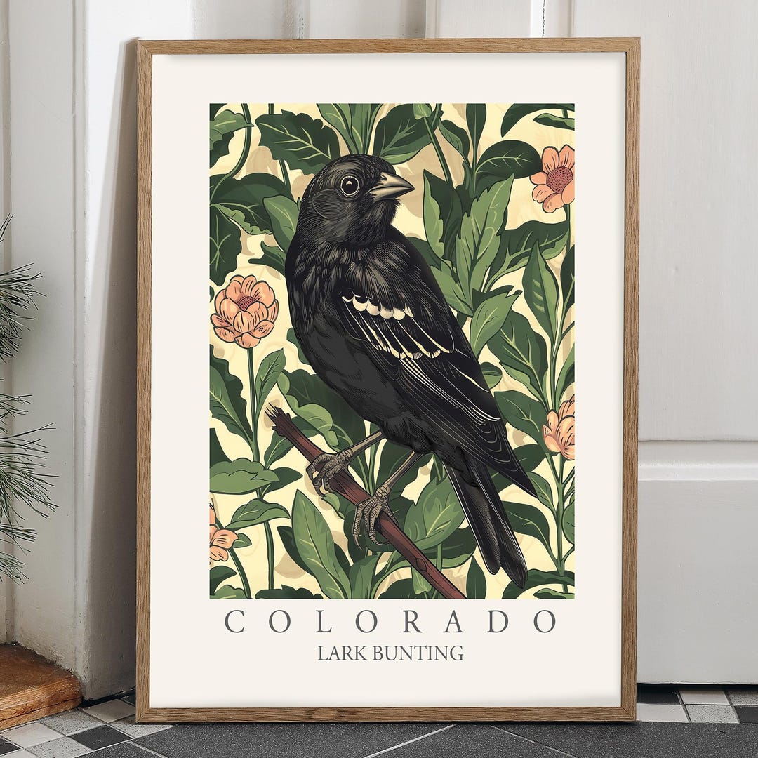 Lark Bunting Colorado State Bird Art Print, William Morris Style Floral ...