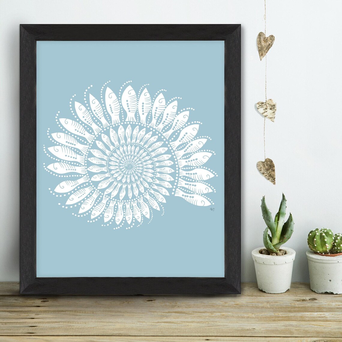 Blue and White Print, Fish Wall Art, Shell Picture, Sea Shell Art ...