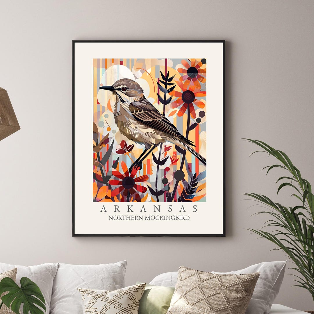 Northern Mockingbird Arkansas State Bird Print, Modern Abstract Style ...