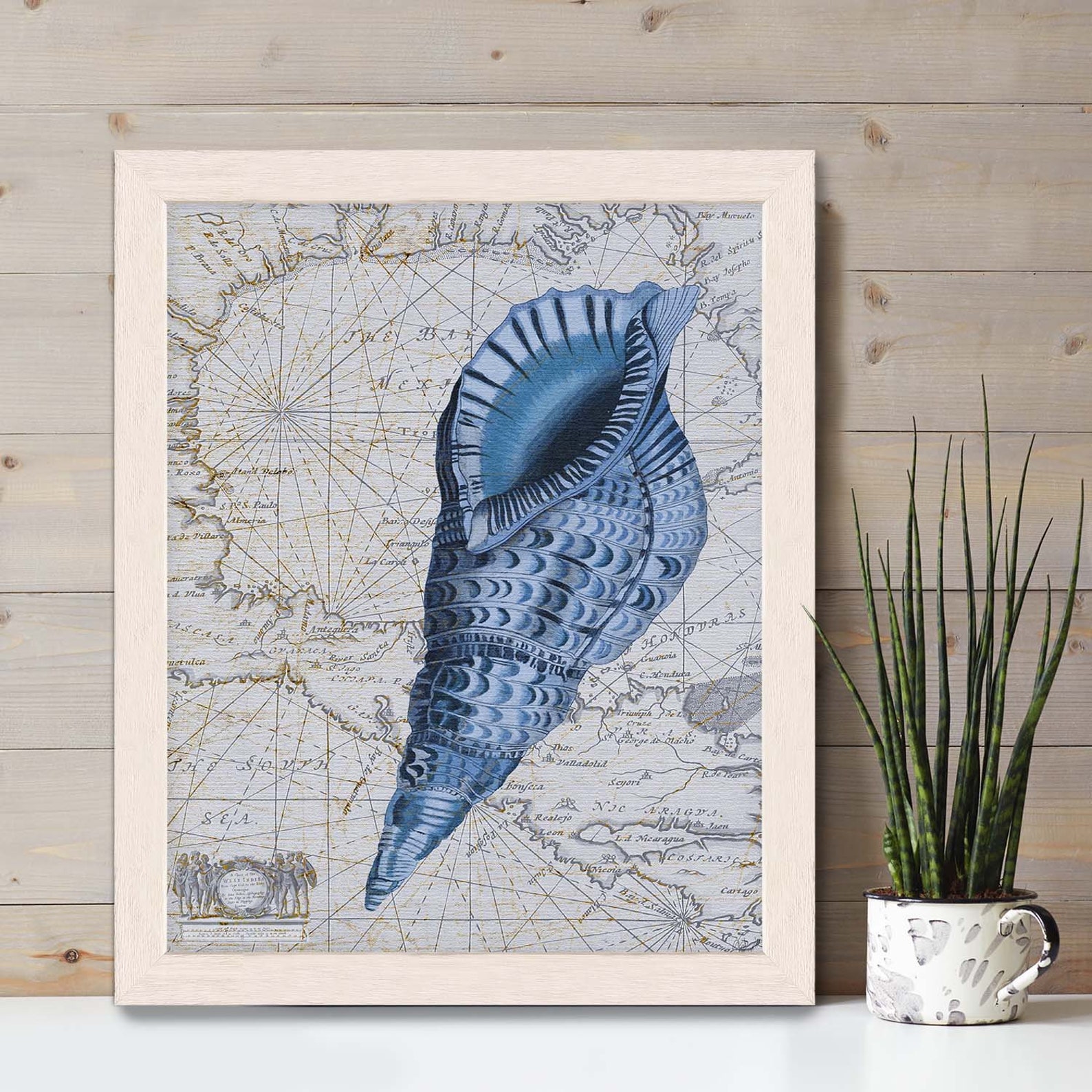 Blue Shell print on Nautical Map 3 sea shell print Nautical | Etsy