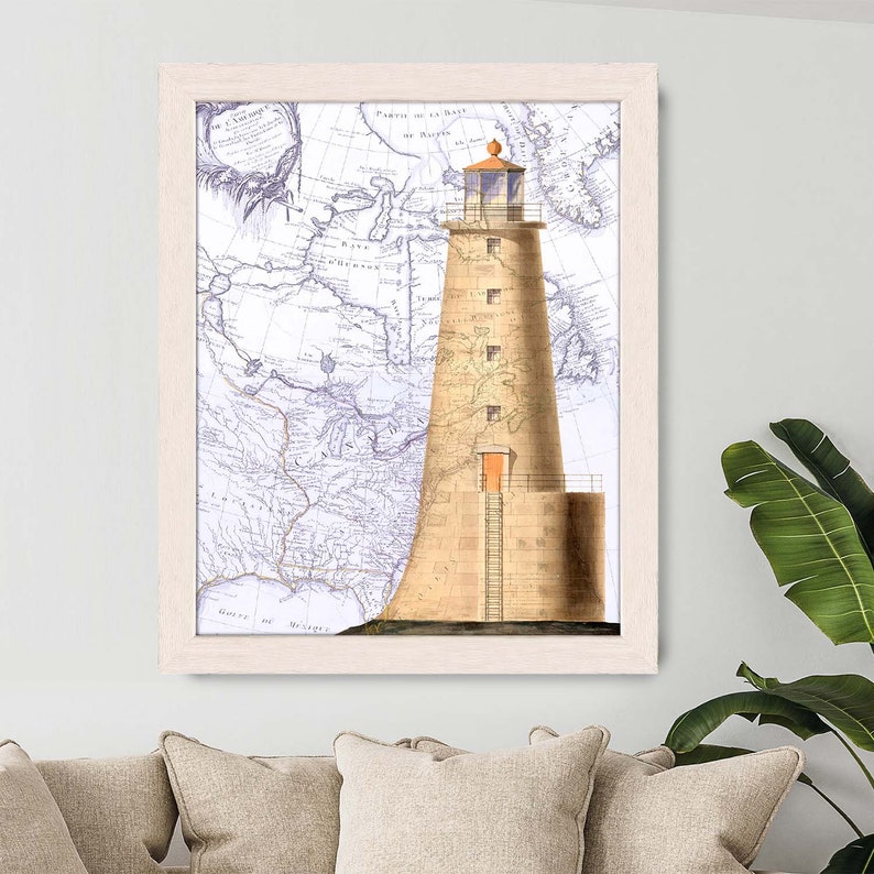 Lighthouse print on nautical map print lighthouse painting | Etsy