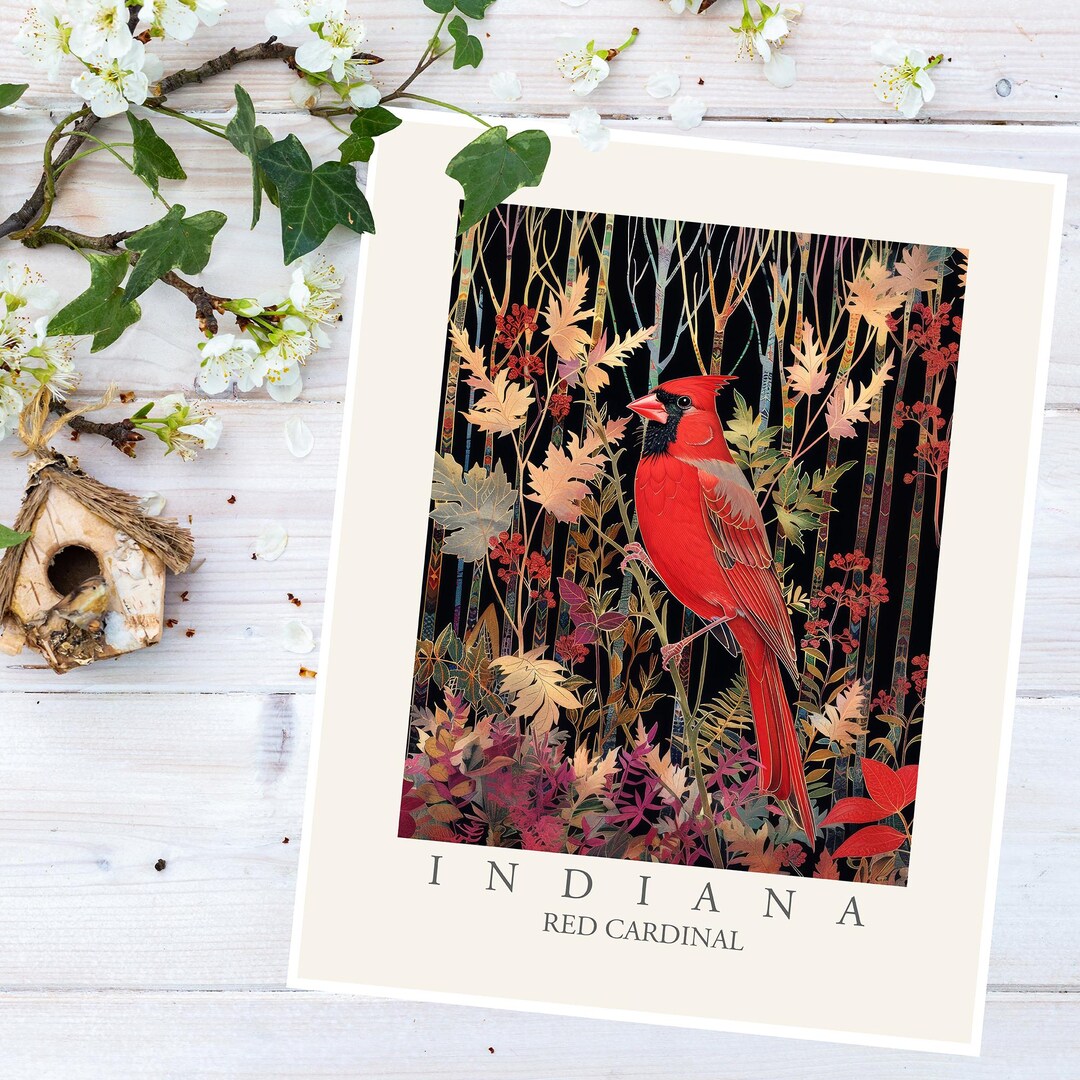 Red Cardinal Indiana State Bird Art Print, William Morris Style Wall ...