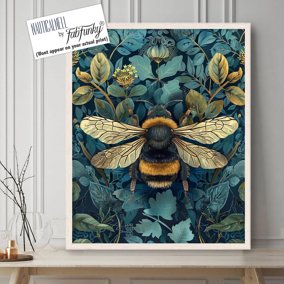 Bumblebee Art Print, Cute Bee Wall Art, Honeybee Poster, Dark Turquoise ...