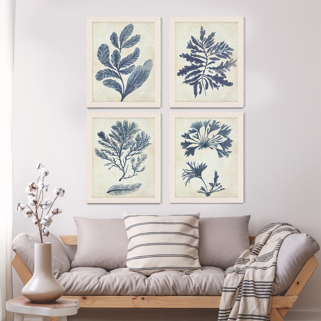Nautical Art Indigo Blue Seaweed Set of 4 Prints - Nautical Print Wall ...