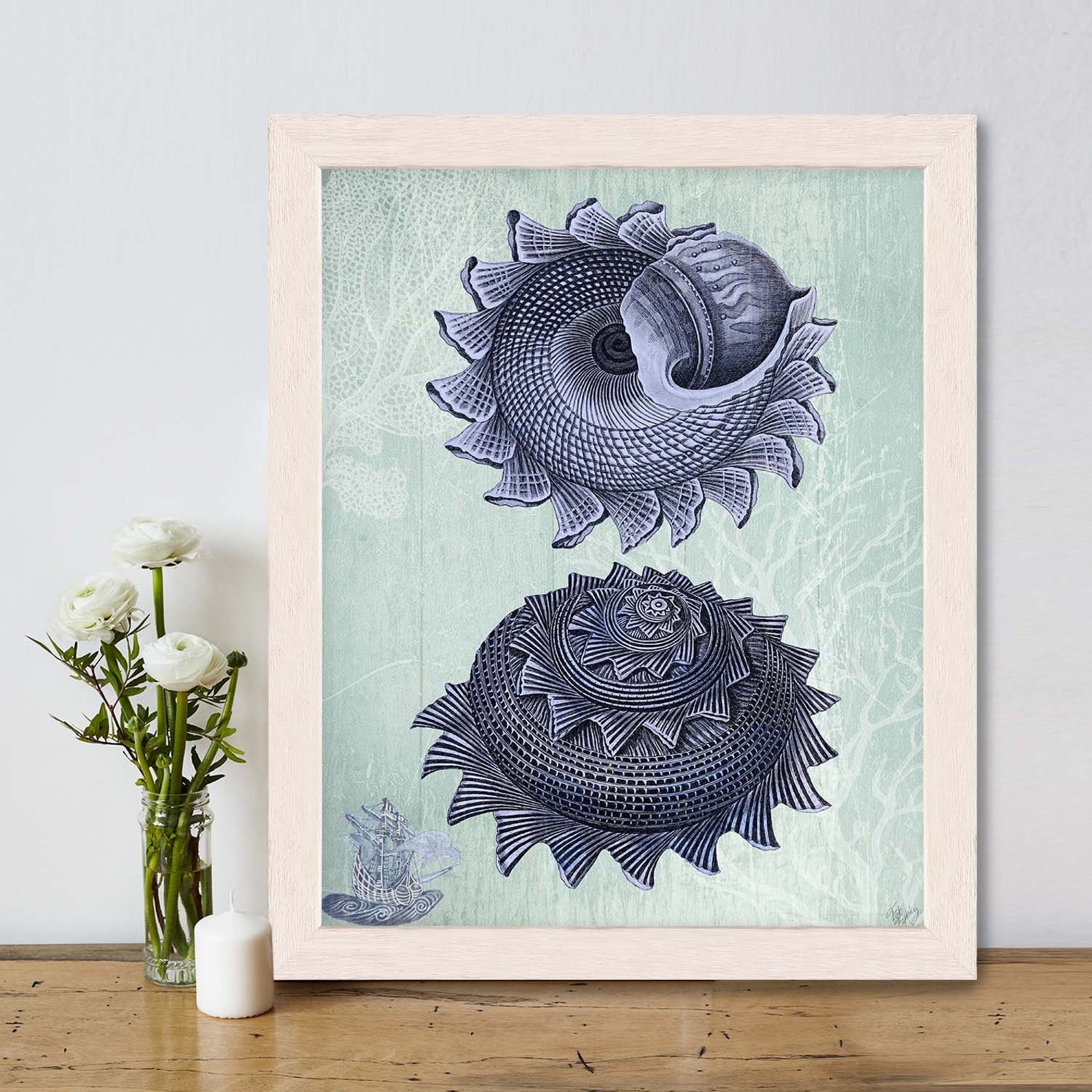 Blue Sea Shell Art Print Duo 2 Seashell Art Print Seashell - Etsy