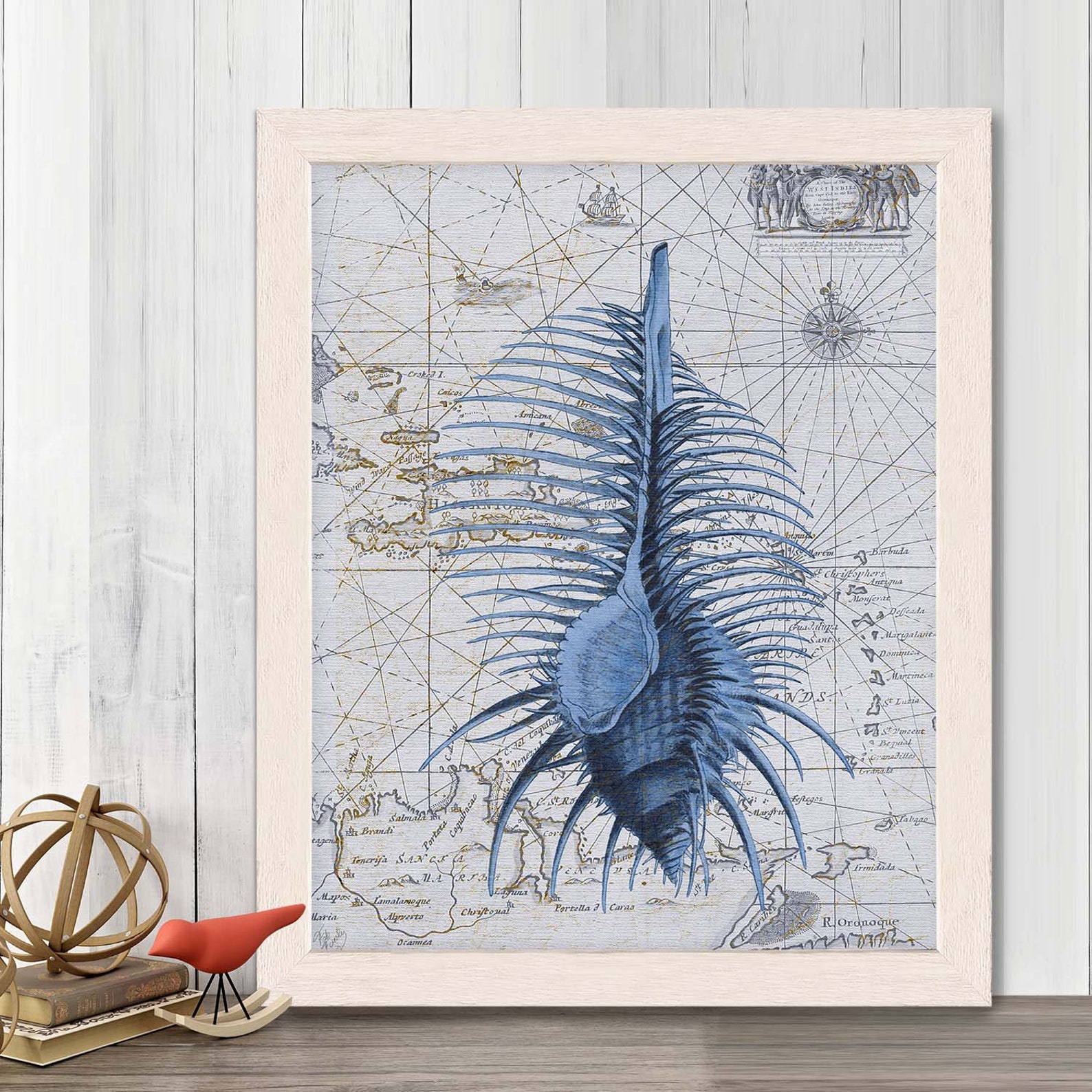 Blue Seashell Art Print on Nautical Map Print 2 Shell Wall - Etsy