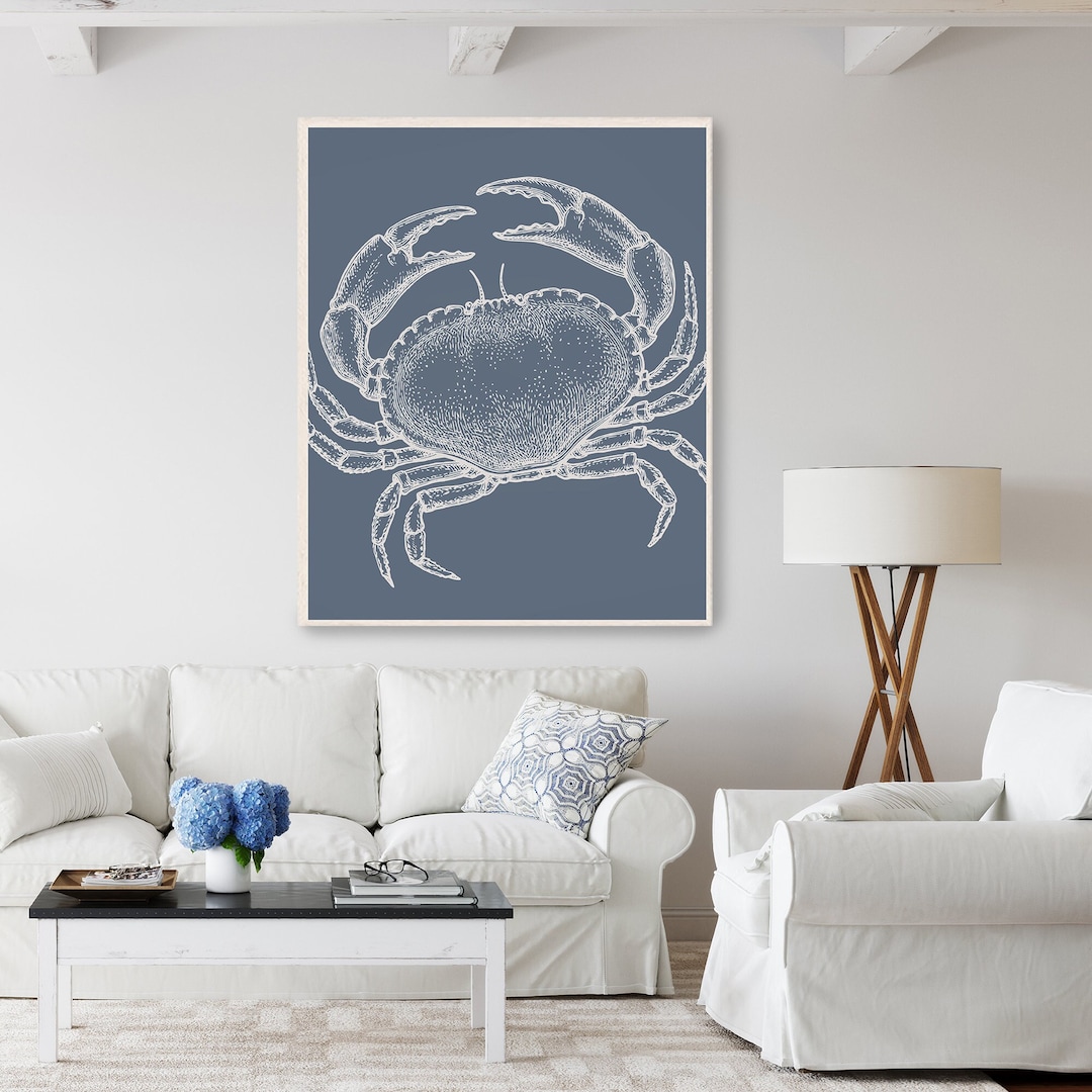 Coastal Sea-life Art, Indigo Blue & White Crab Art Print, Bathroom Wall ...