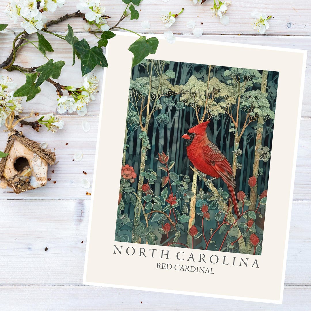 Red Cardinal North Carolina State Bird Art Print, William Morris Style ...
