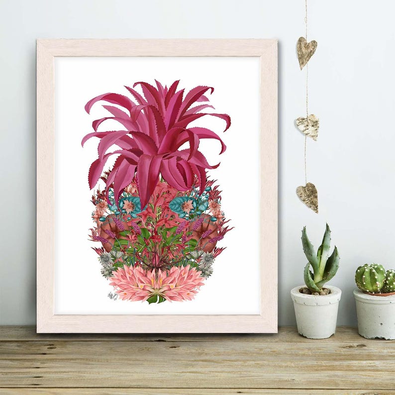 Tropical Decor Pink Pineapple Print Flowers 2 Beach House Coastal ...