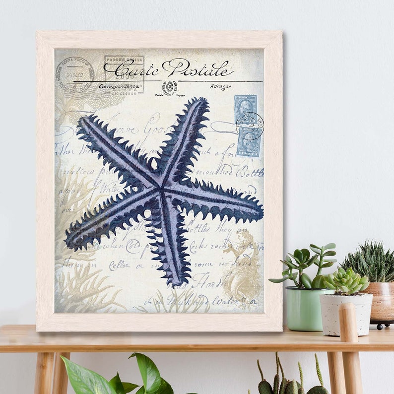Blue Starfish Print Seaside Postcard Series French Decor | Etsy