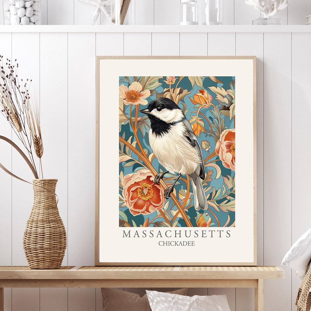 Chickadee Massachusetts State Bird Art Print, William Morris Style ...