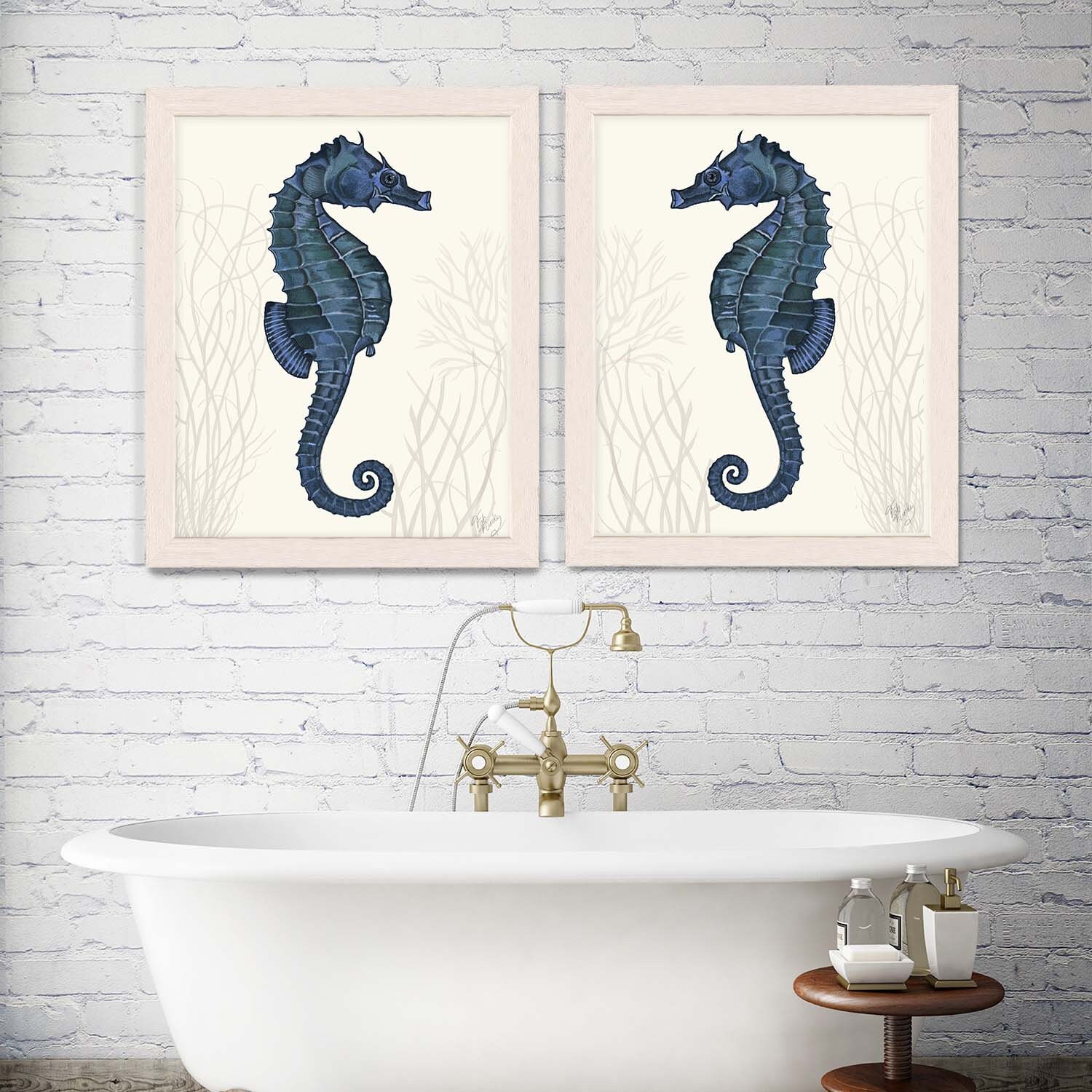 Seahorse Prints Blue On Cream Set of 2 Nautical Print Beach | Etsy