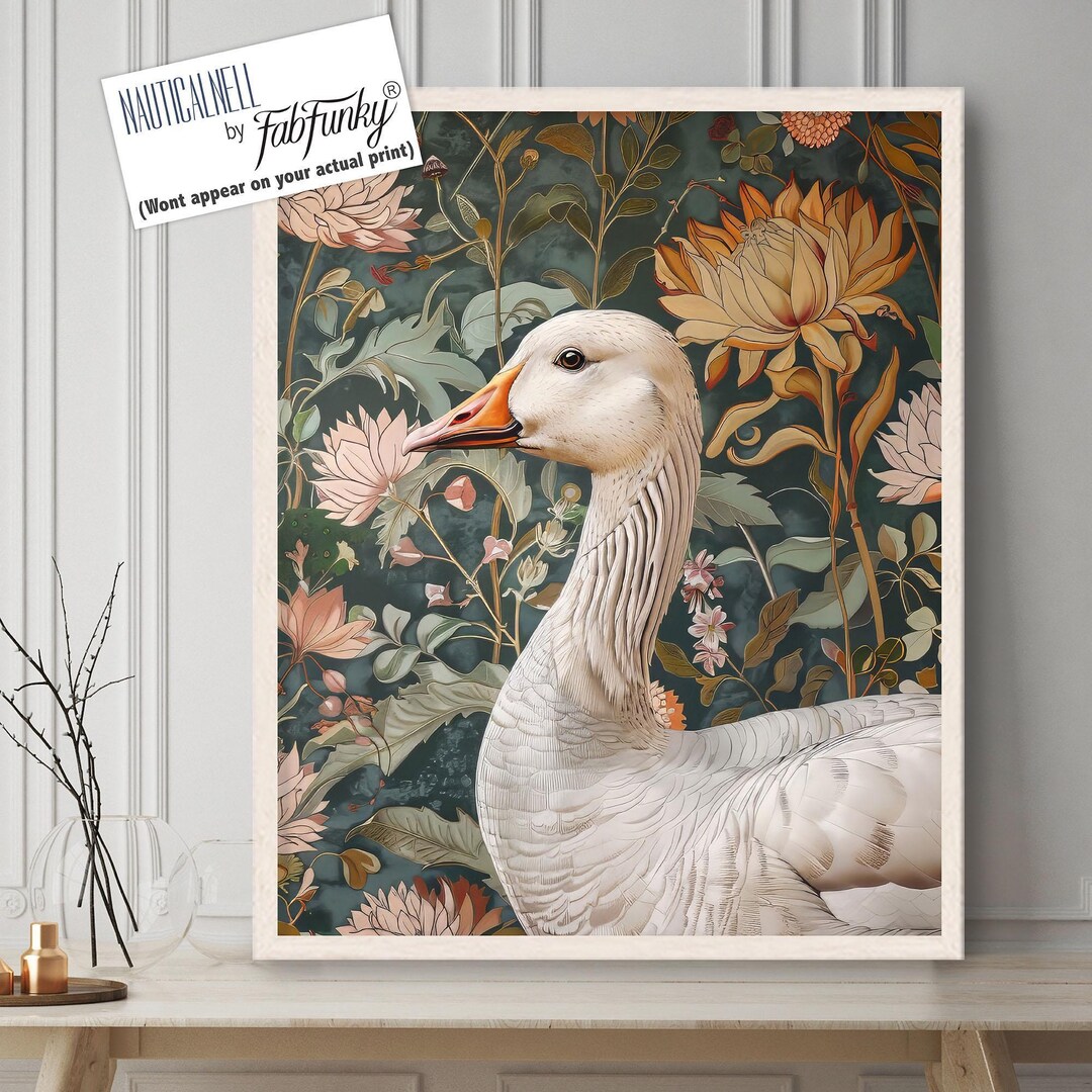 White Goose Illustration, Art Nouveau Geese Art Print, Large Vintage ...