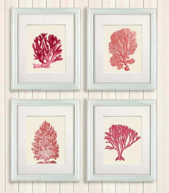 Coral print Set 4 Red Coral Art Prints Nautical Print coral | Etsy