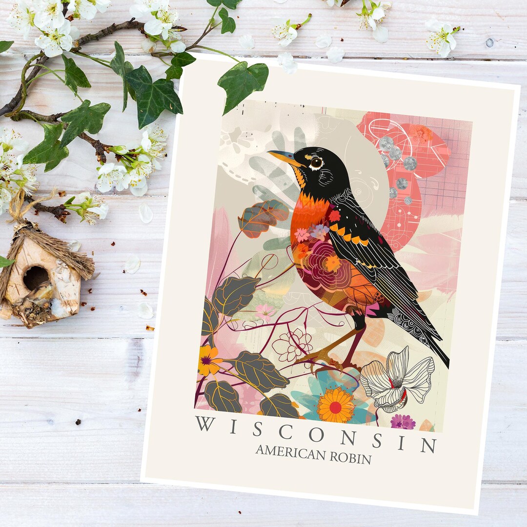 American Robin Wisconsin State Bird Print, Modern Abstract Style Wall ...