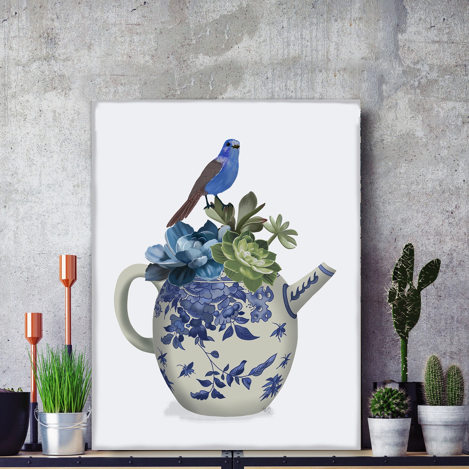 Blue Bird Chinoiserie Print, Blue and White Floral Chinese Jug Filled ...