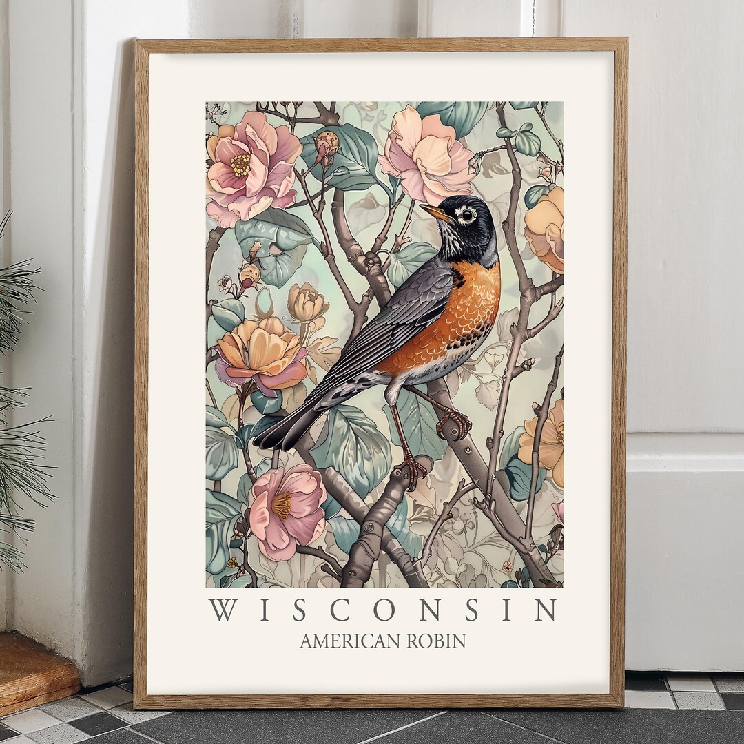 American Robin Wisconsin State Bird Art Print, William Morris Style ...