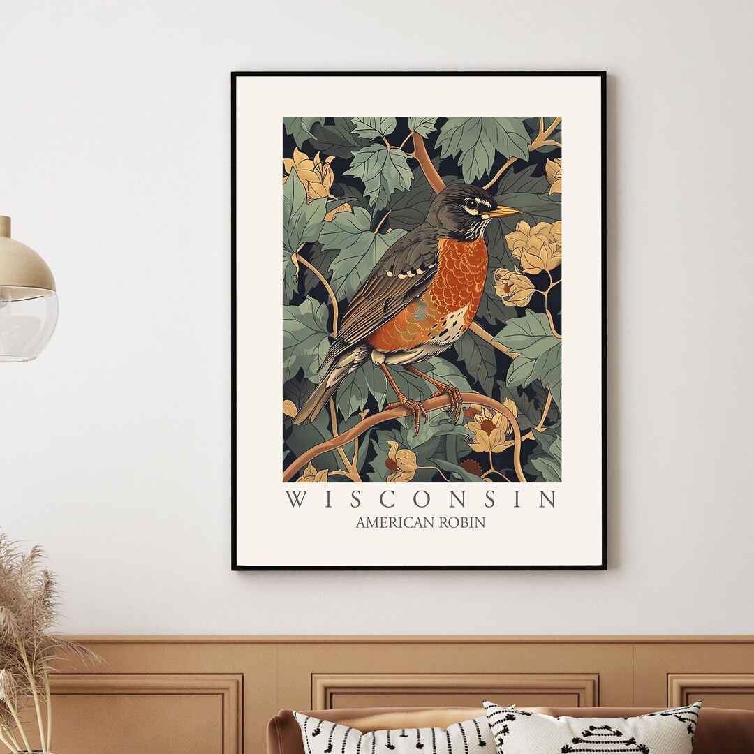 American Robin Art Print, William Morris Style, Wisconsin State Bird - Etsy