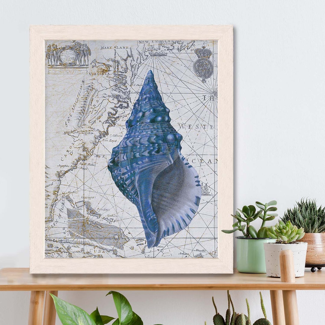 Blue Sea Shell Print on Nautical Map 1, Sea Shell Art Print Seashell ...