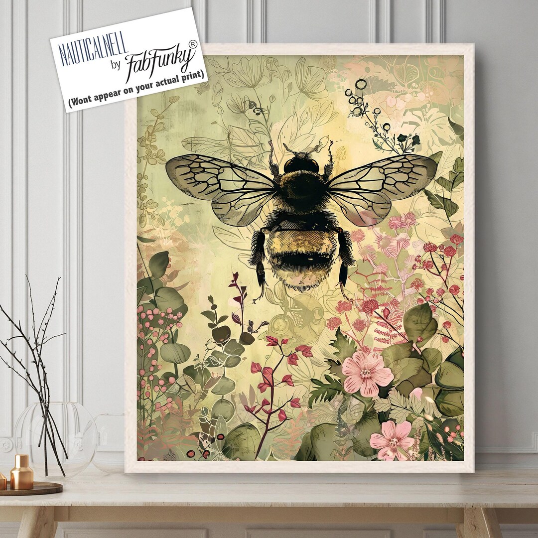 Bumblebee Art Print, Cute Bee Wall Art, Honeybee Poster, Vintage Style ...