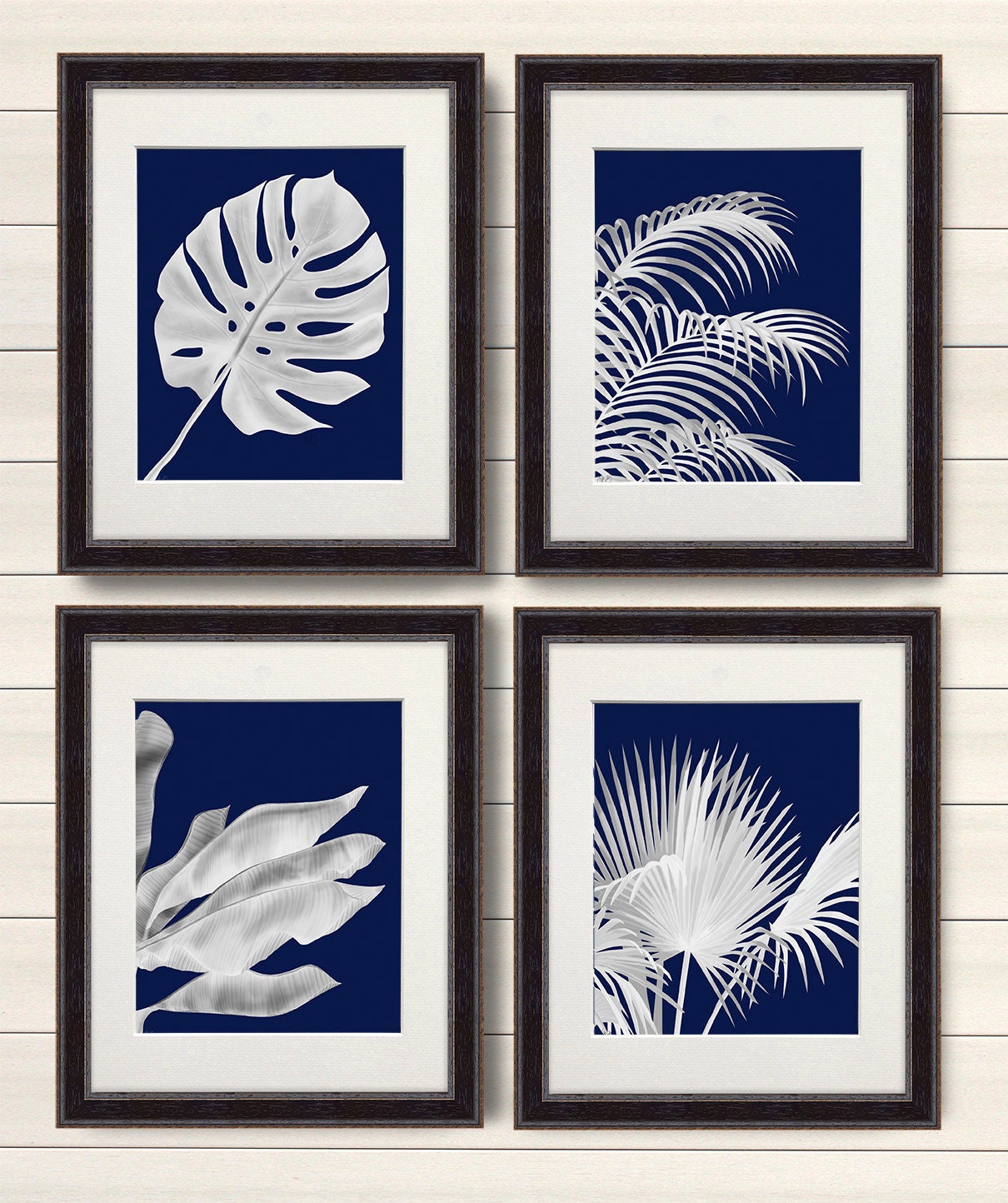 Tropical Prints Tropical Leaves 1 White on Blue Beach house | Etsy