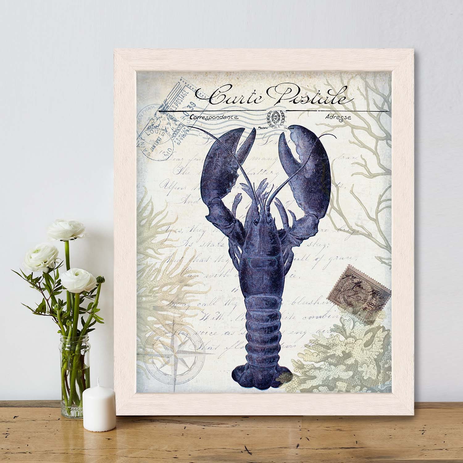 Blue Lobster Art Seaside Postcard Series on Cream Beach | Etsy