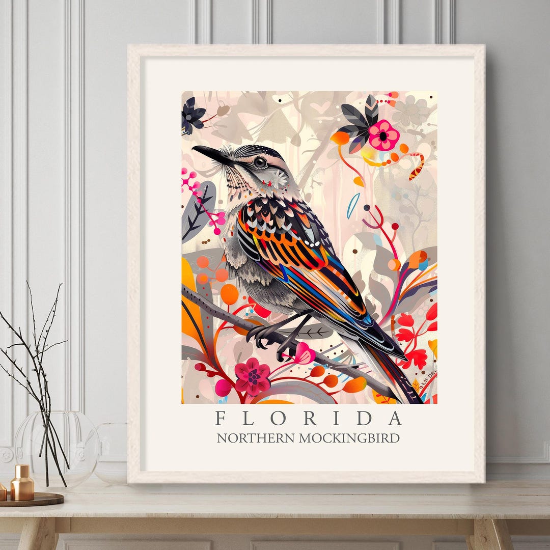 Northern Mockingbird Florida State Bird Print, Modern Abstract Style ...