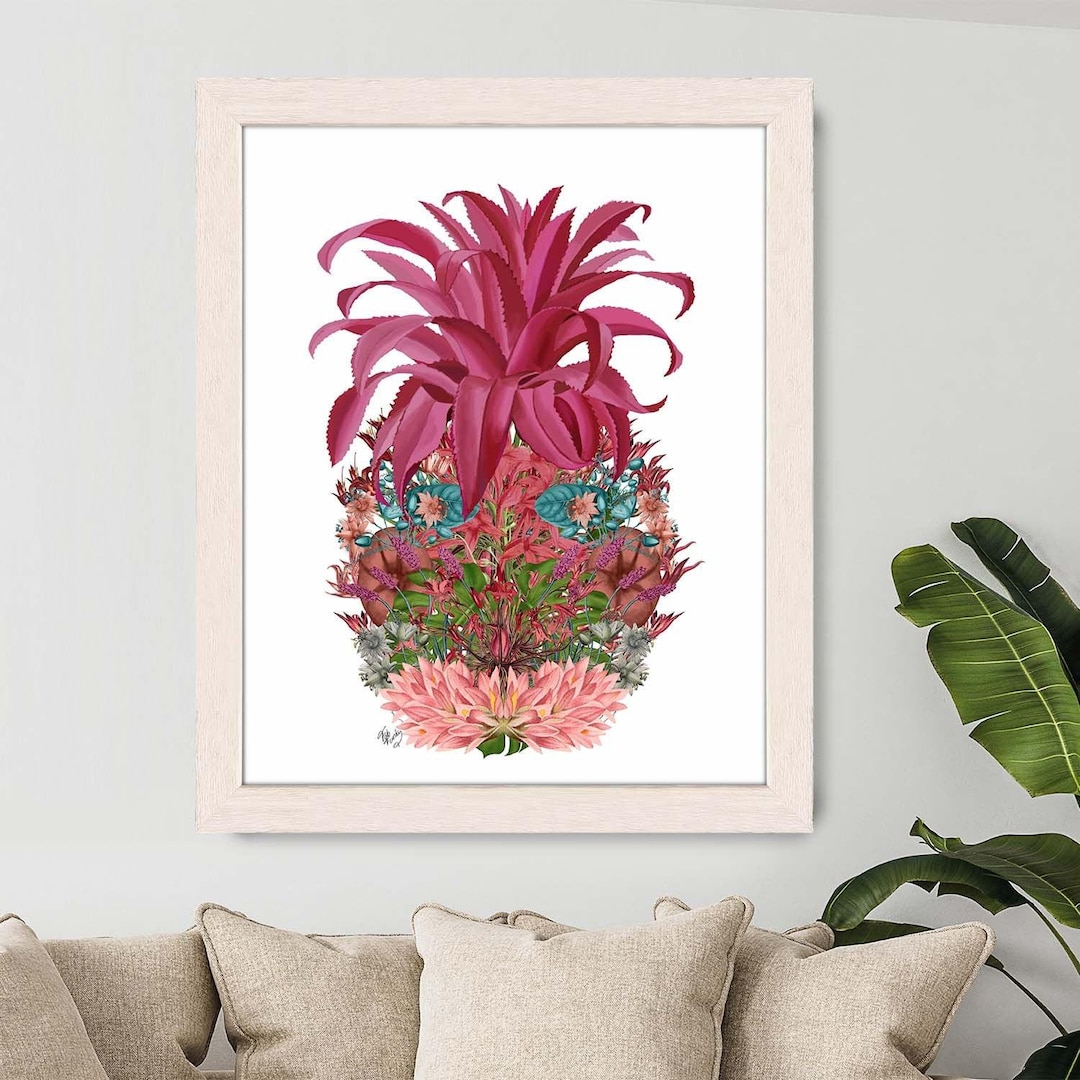 Tropical Decor Pink Pineapple Print Flowers 2 Beach House Coastal ...