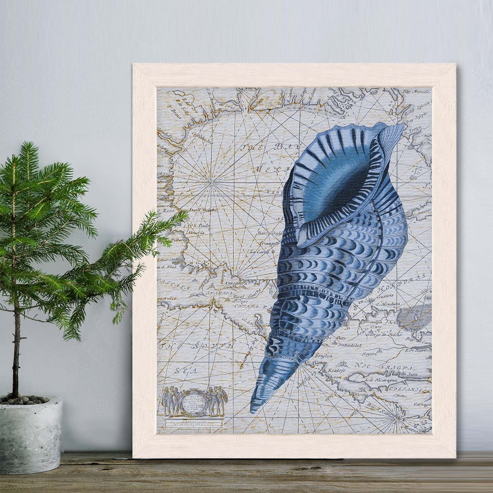Blue Shell Print on Nautical Map 3 Sea Shell Print Nautical - Etsy