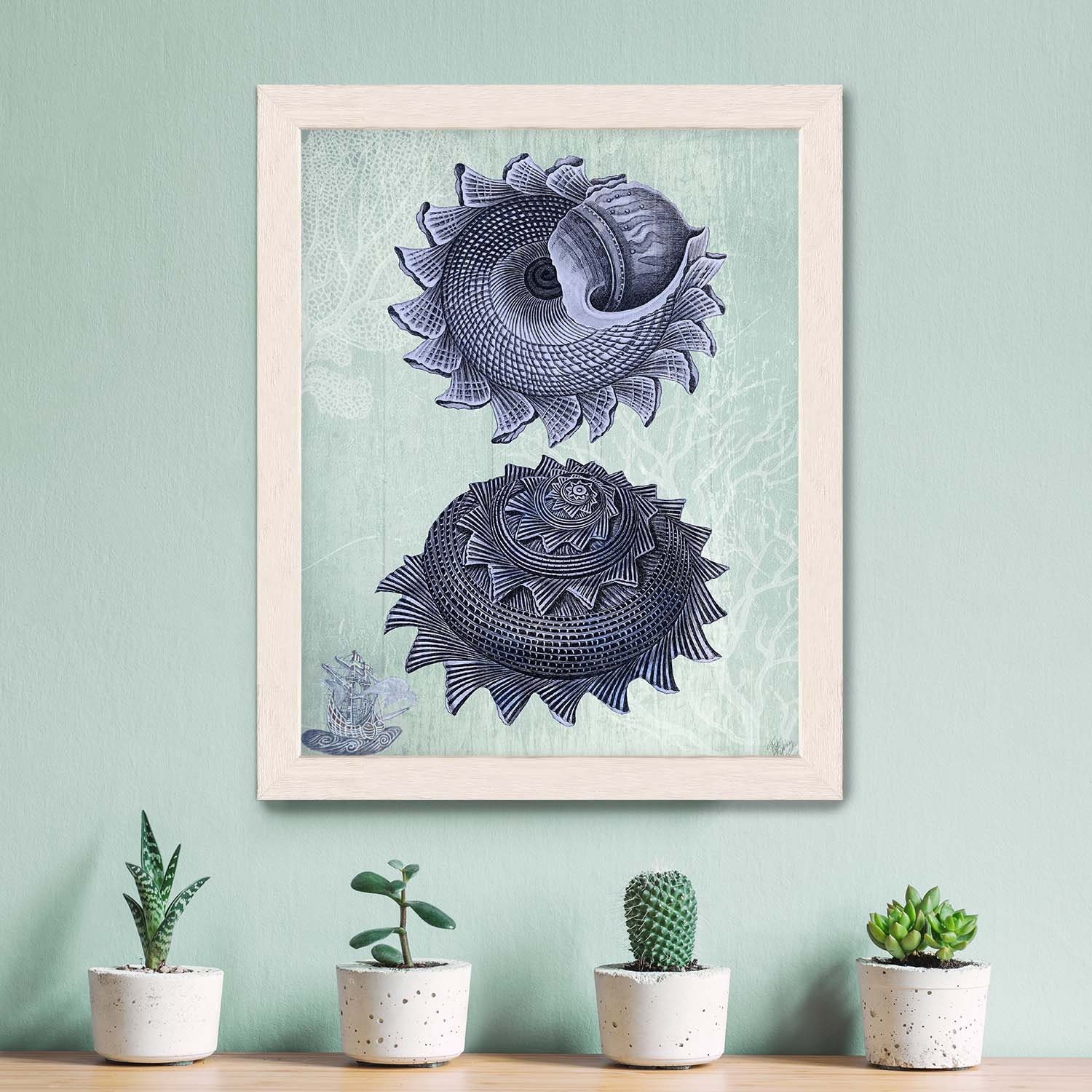 Blue Sea shell art print Duo 2 seashell art print seashell | Etsy