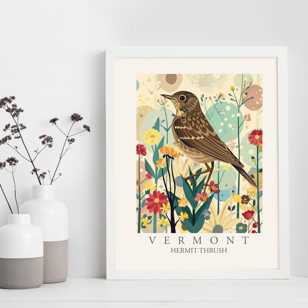 Hermit Thrush Vermont State Bird Print, Modern Abstract Style Wall Art ...
