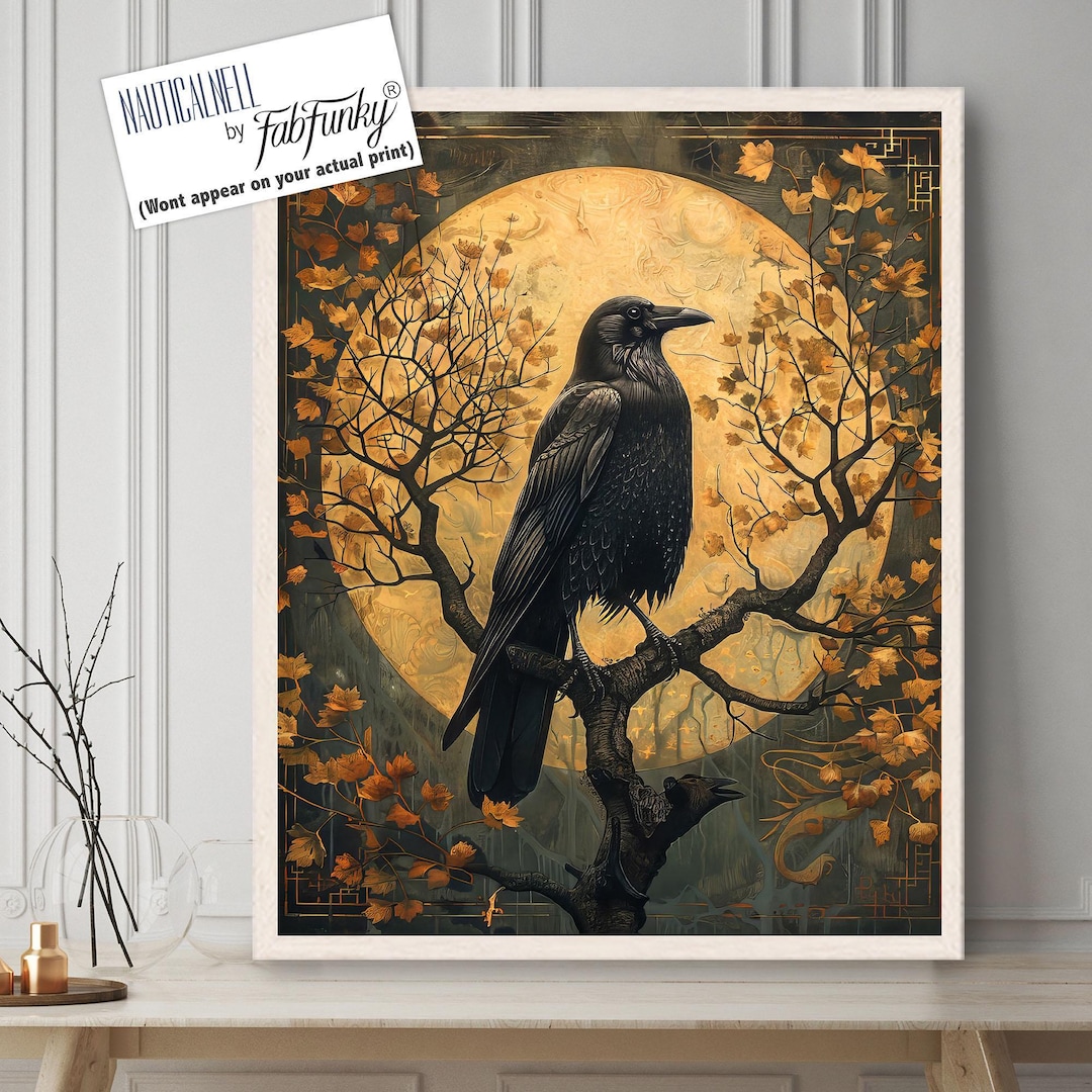 Black Crow and Moon Illustration, Raven Art Print, Large Vintage Style ...