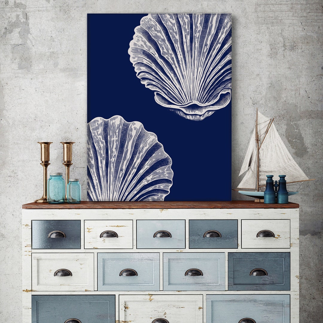 Sea Scallop Shell Art Print in Navy Blue and White for Nautical ...