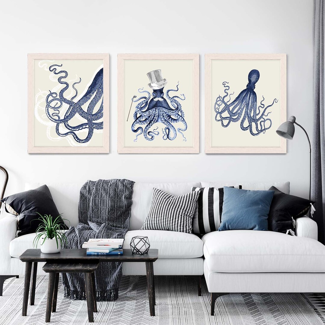 Octopus Print Blue/white Set of 3 - Nautical Nursery Decor Nautical ...