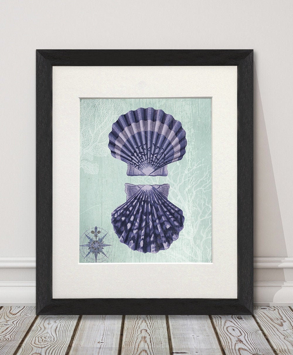 Blue Sea shell art print Blue Scallop Shells sea shell | Etsy