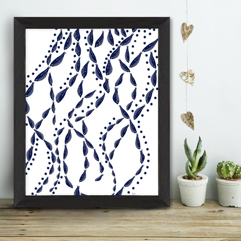 Blue Fish Print Blue and White Art Fish Bathroom Nautical - Etsy UK