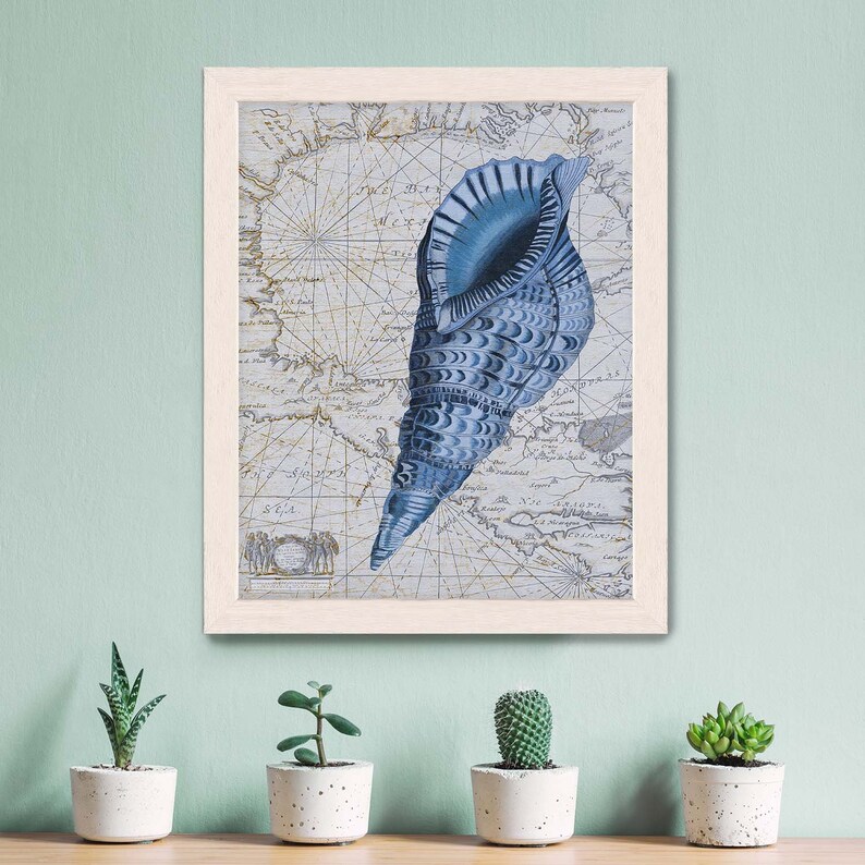 Blue Shell Print on Nautical Map 3 Sea Shell Print Nautical - Etsy