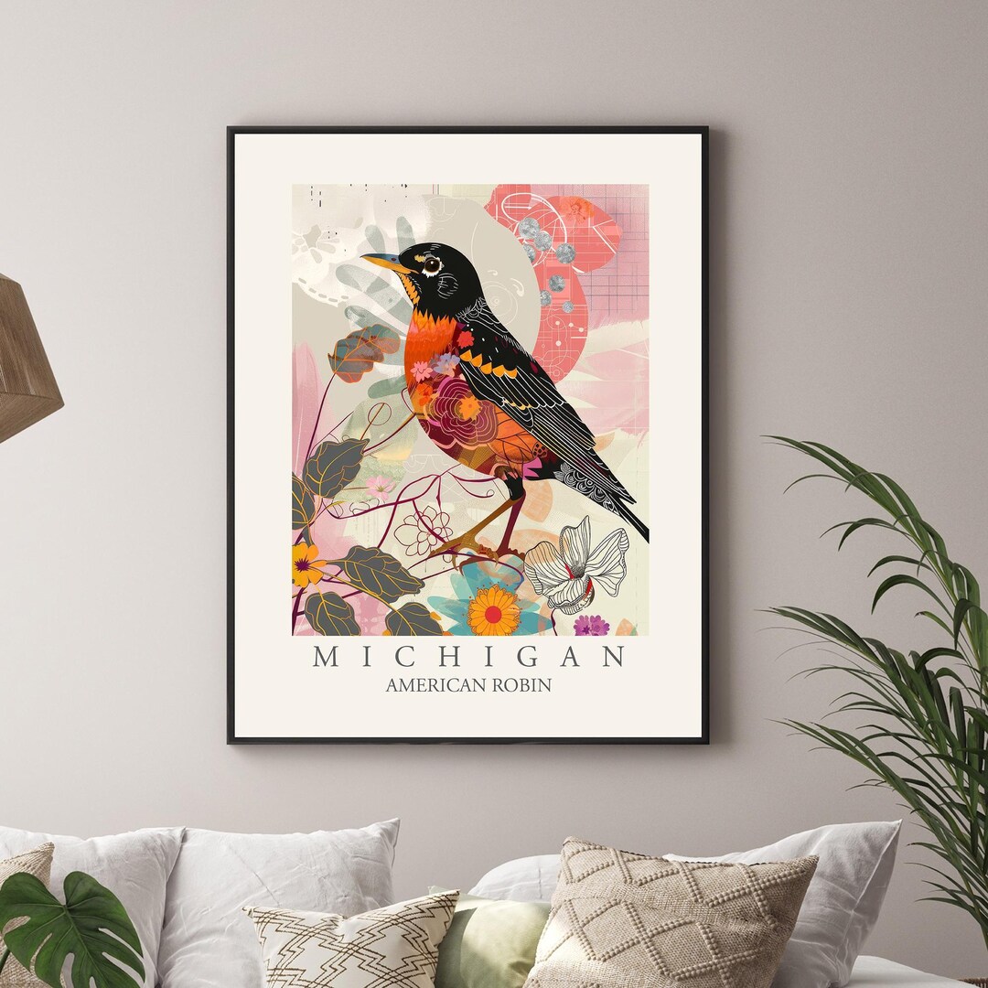 American Robin Michigan State Bird Print, Modern Abstract Style Wall ...