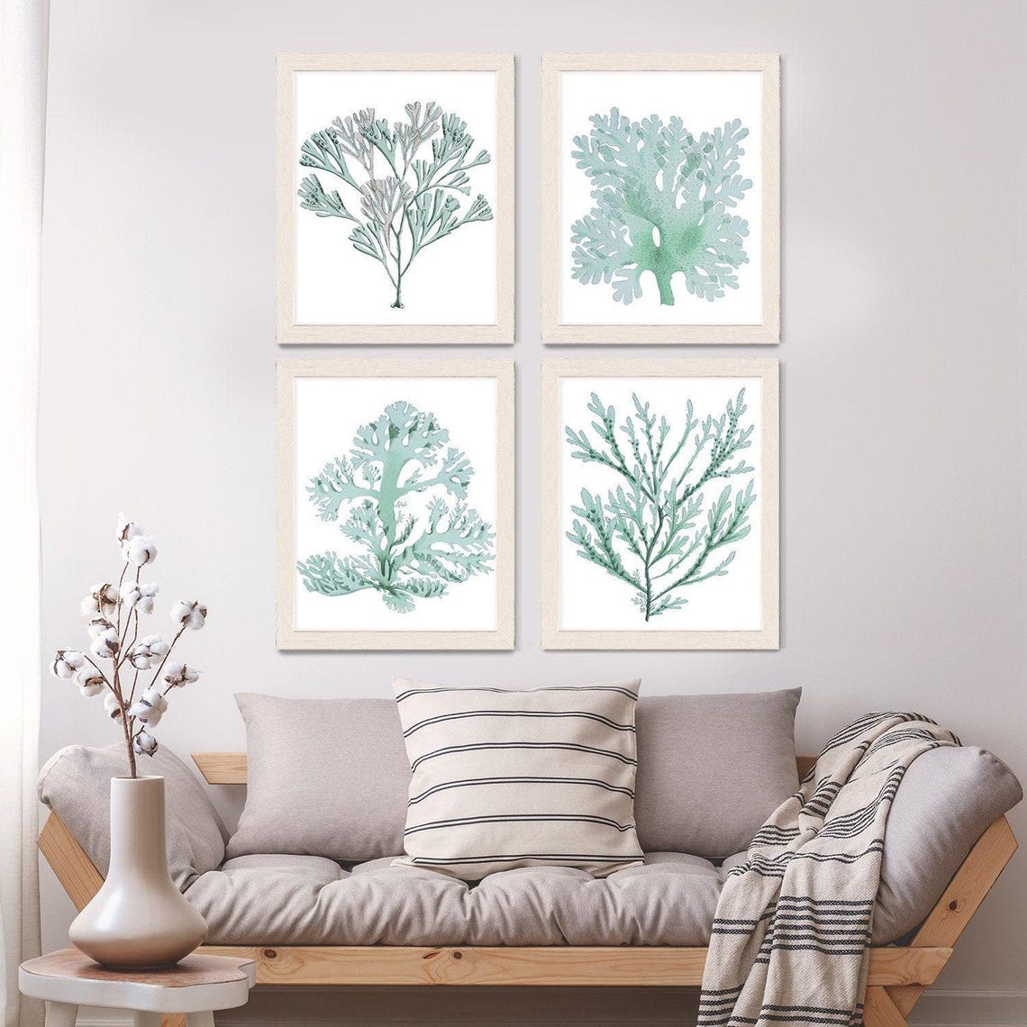Sea Coral Prints - Set of 4 Corals in Green - Nautical Art Prints ...