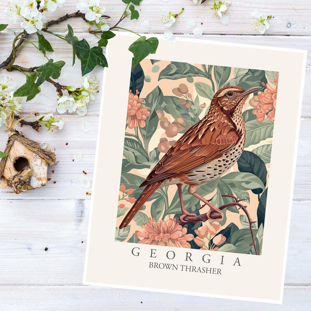 Brown Thrasher Georgia State Bird Print, William Morris Vintage Style ...