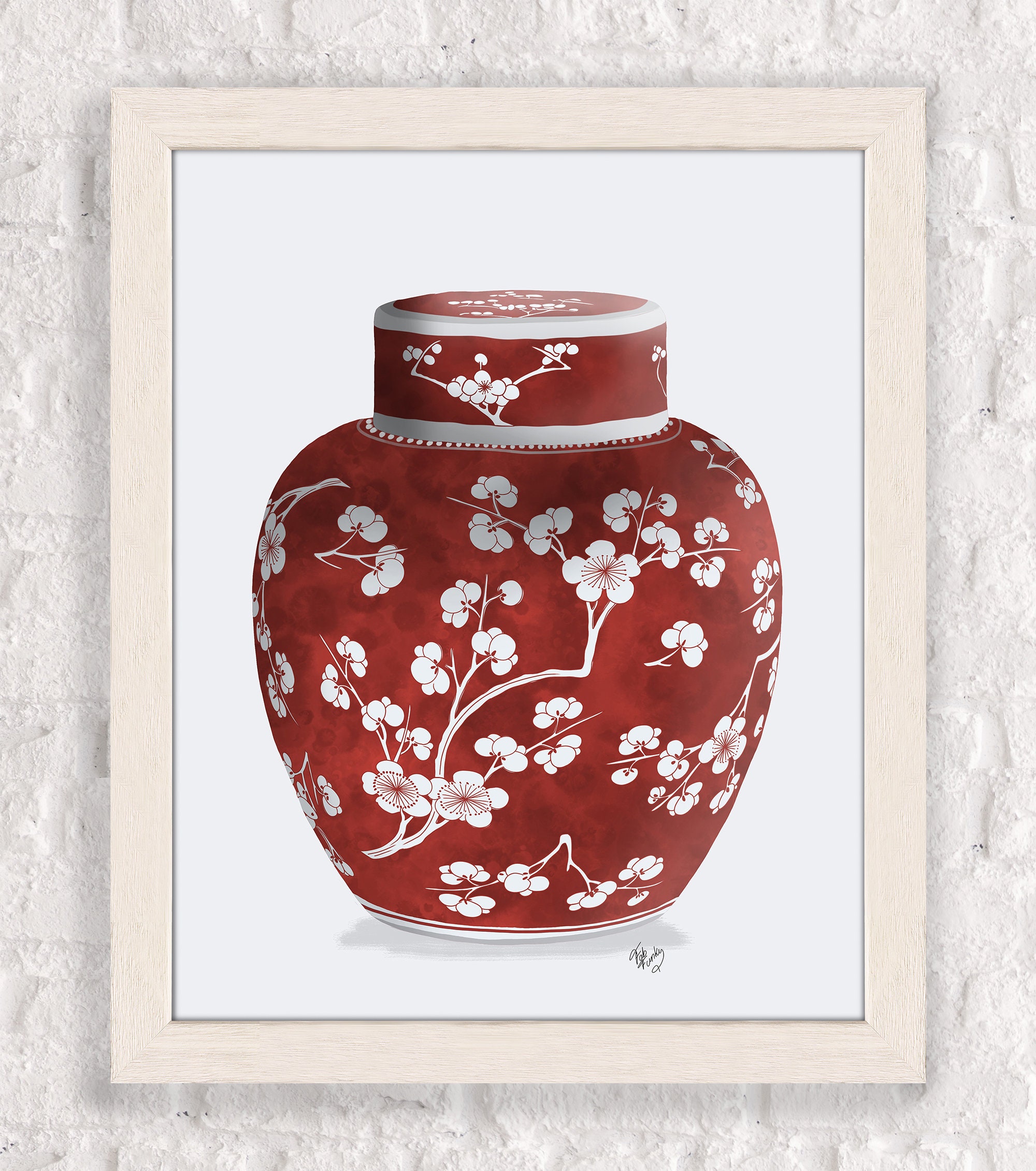 Ginger jar art Cherry blossom print Red and white china | Etsy