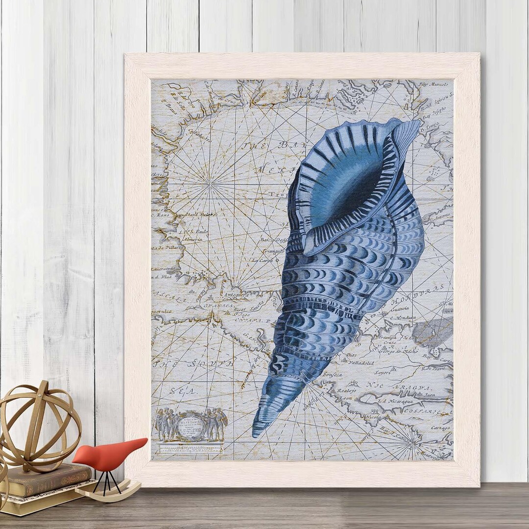 Blue Shell Print on Nautical Map 3 Sea Shell Print Nautical Wall Art ...