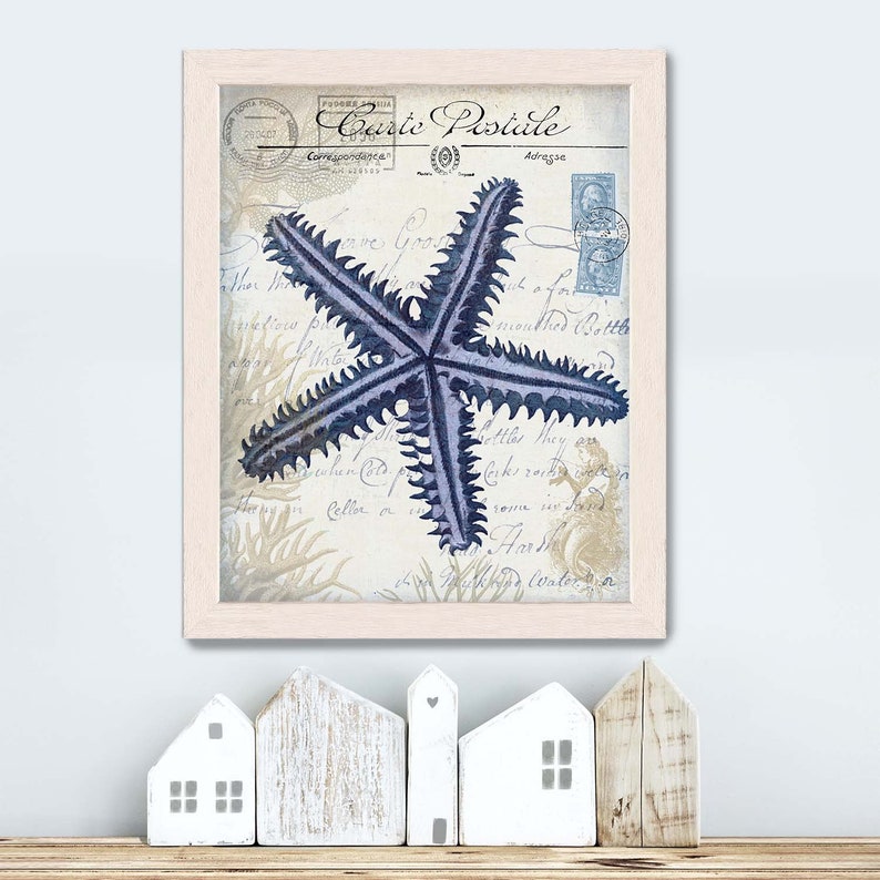 Blue Starfish Print Seaside Postcard Series French Decor | Etsy