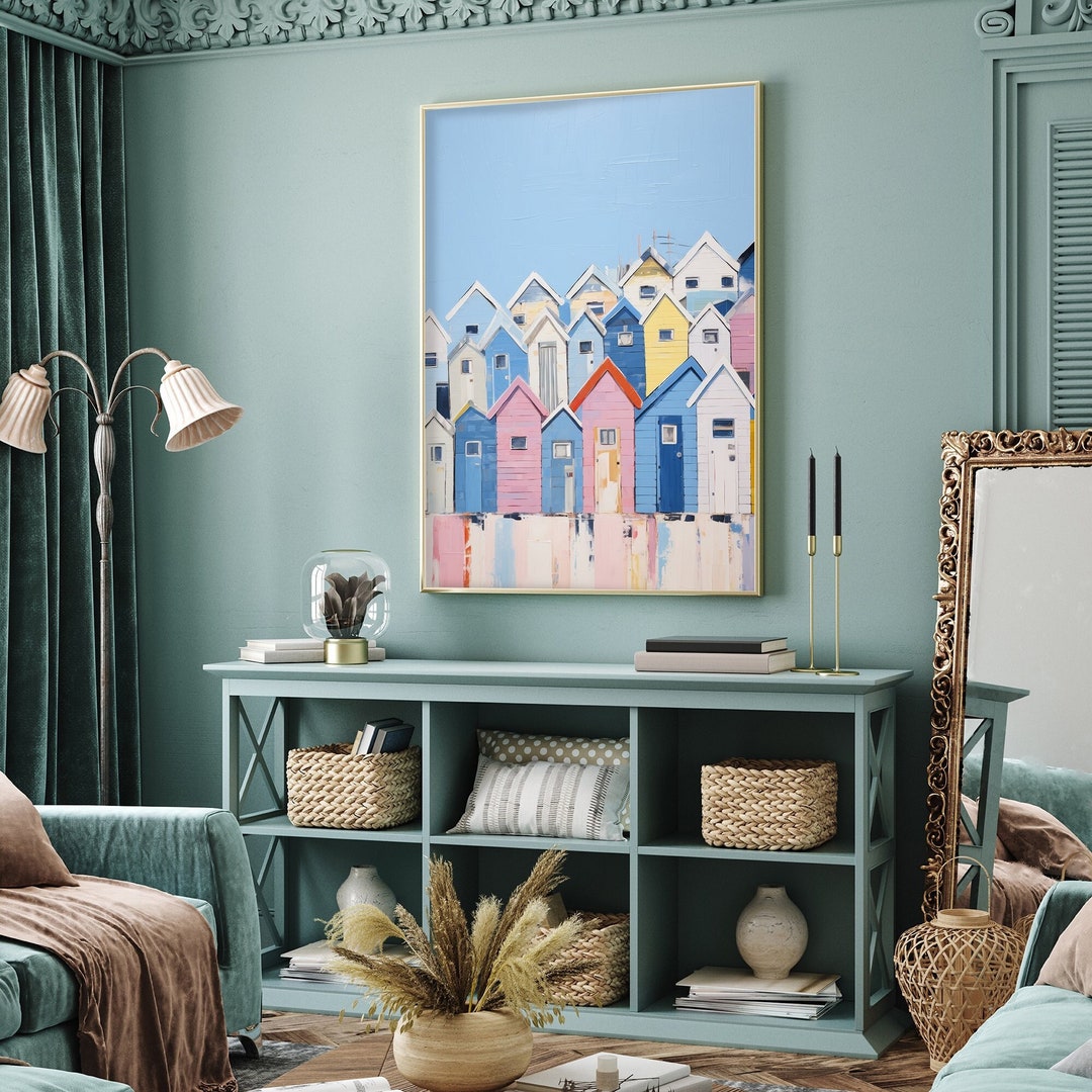 Colourful Beach Hut Painting, Modern Beach House Decor for Coastal Home ...