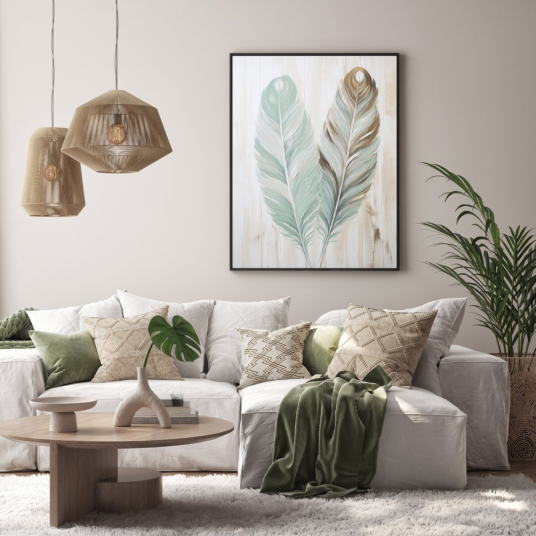 Celestial Feather Art Print, Modern Bohemian Bedroom Decor, Taupe and ...