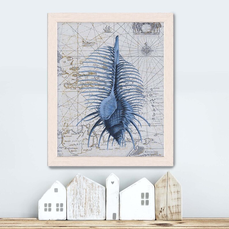 Blue Seashell Art Print on Nautical Map Print 2 Shell Wall - Etsy