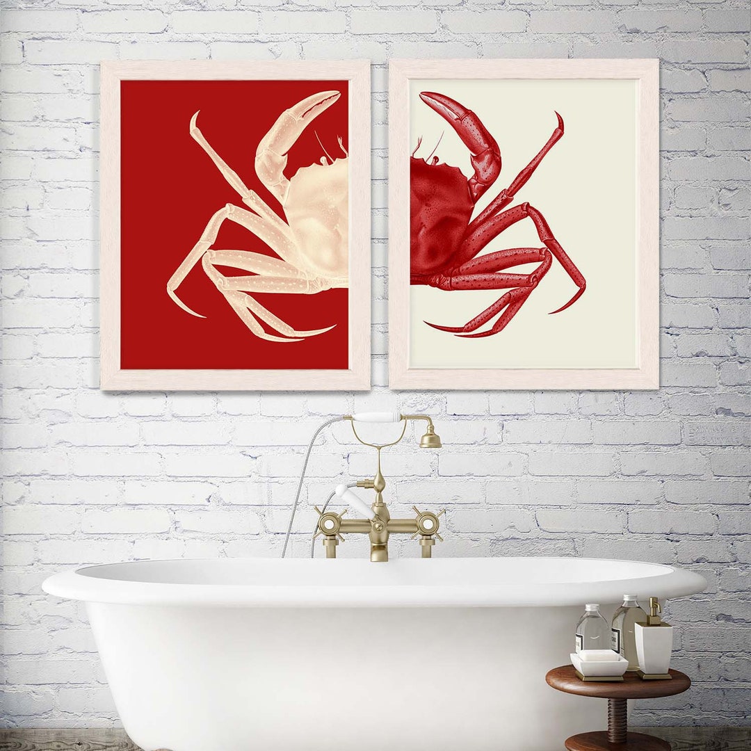 Crab Prints Red, Crab Art Nautical Print Beach Decor Bathroom Decor ...