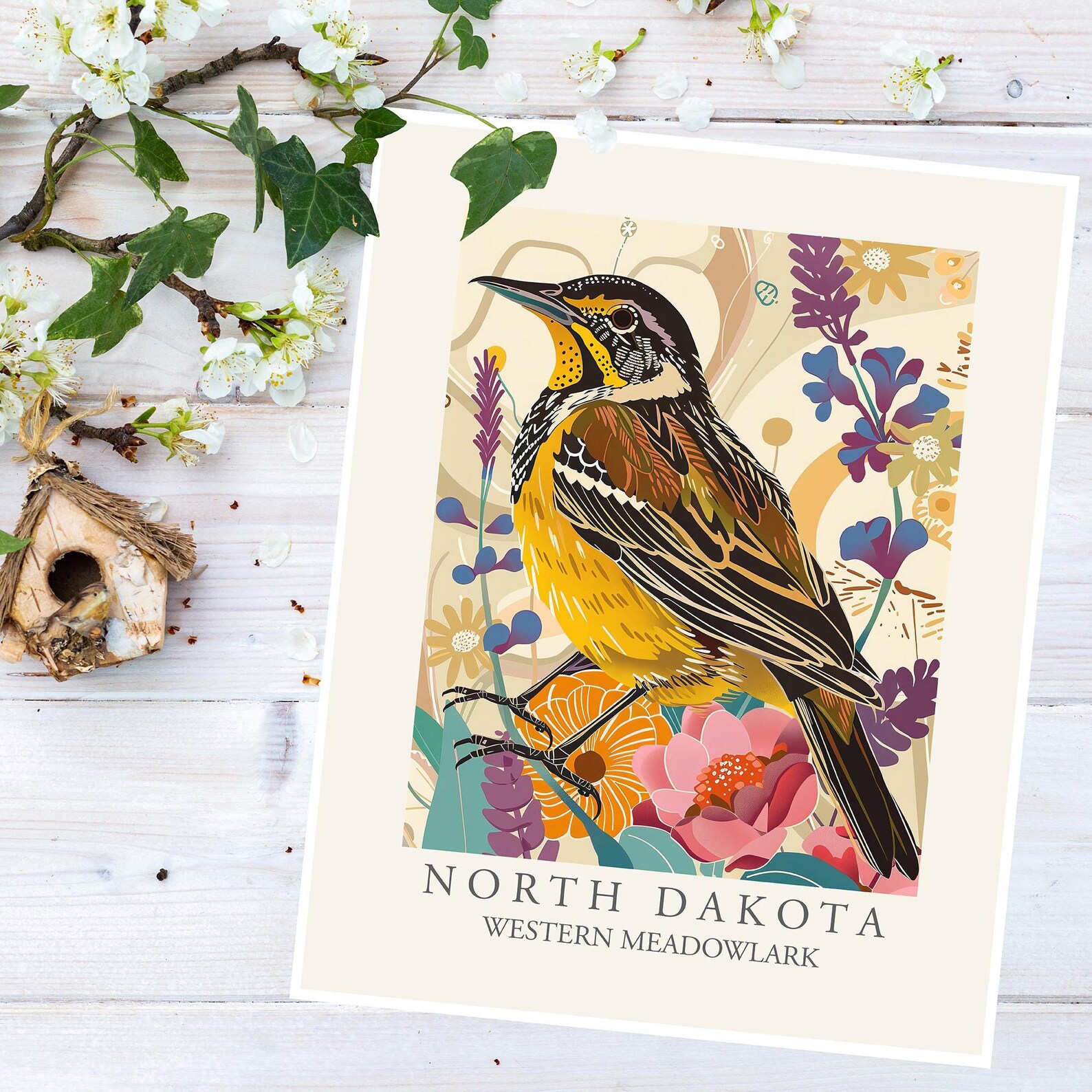 Western Meadowlark North Dakota State Bird Print, Modern Abstract Style ...