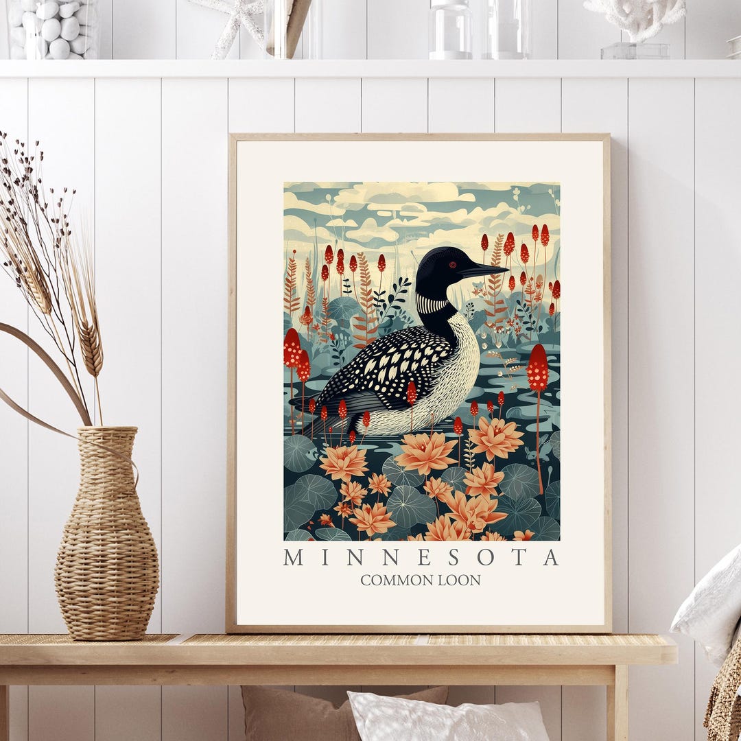 Common Loon Minnesota State Bird Art Print, William Morris Style Floral ...